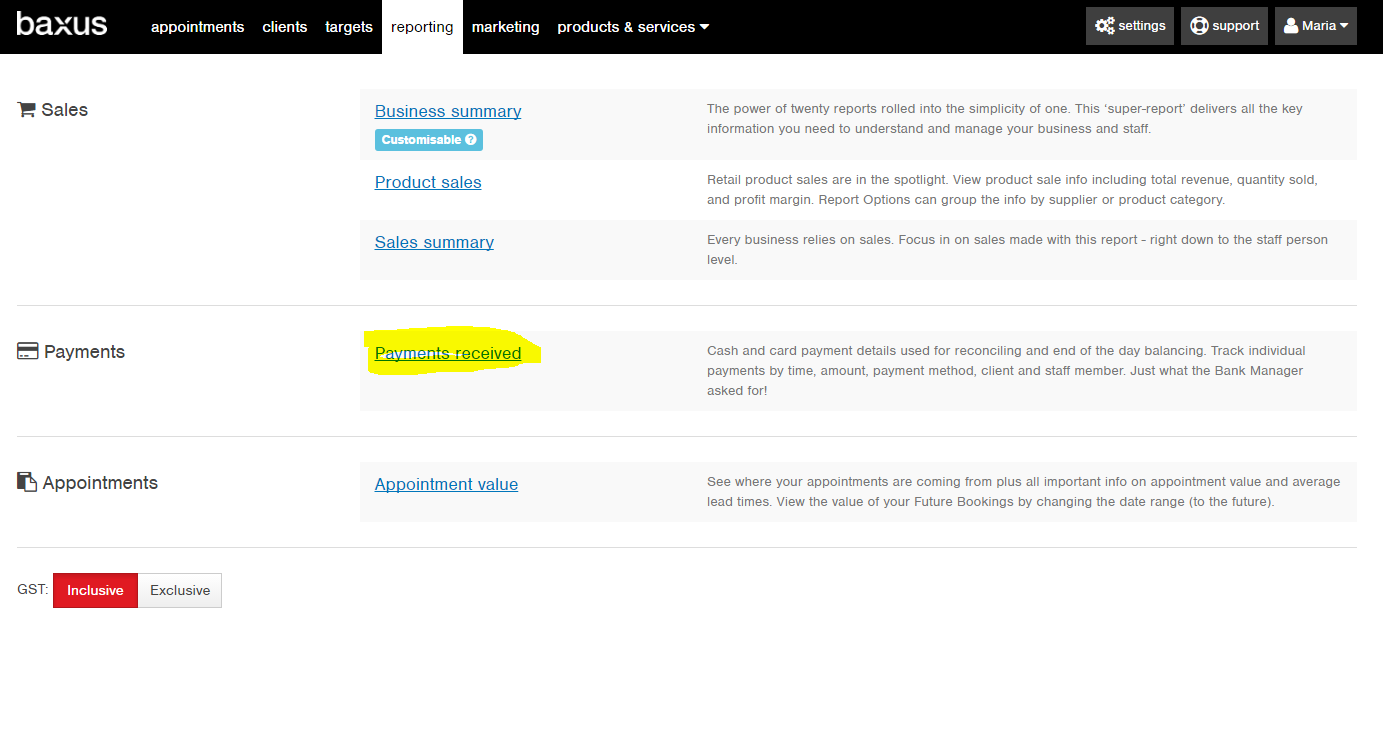 Payment received report – Baxus